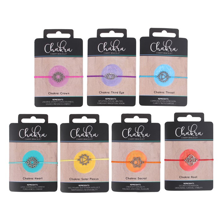 Set of 49 Chakra Charm Bracelets on Display - Something Different Wholesale